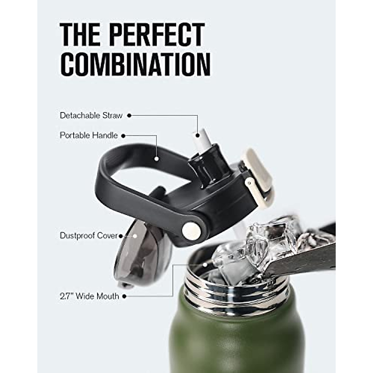 40 oz Water Bottle insulated, Cooplus Stainless Steel Water Flask with 2 Covered Auto Straw Lids, Metal Leakproof Bottle with Handle, Keep Cold 48h Hot 24h for Outdoor or Sports,Green