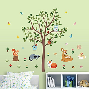 decalmile Forest Animals Tree Wall Decals Deer Fox Owl Wall Stickers Baby Nursery Kids Bedroom Playroom Wall Decor(Tree H: 56")