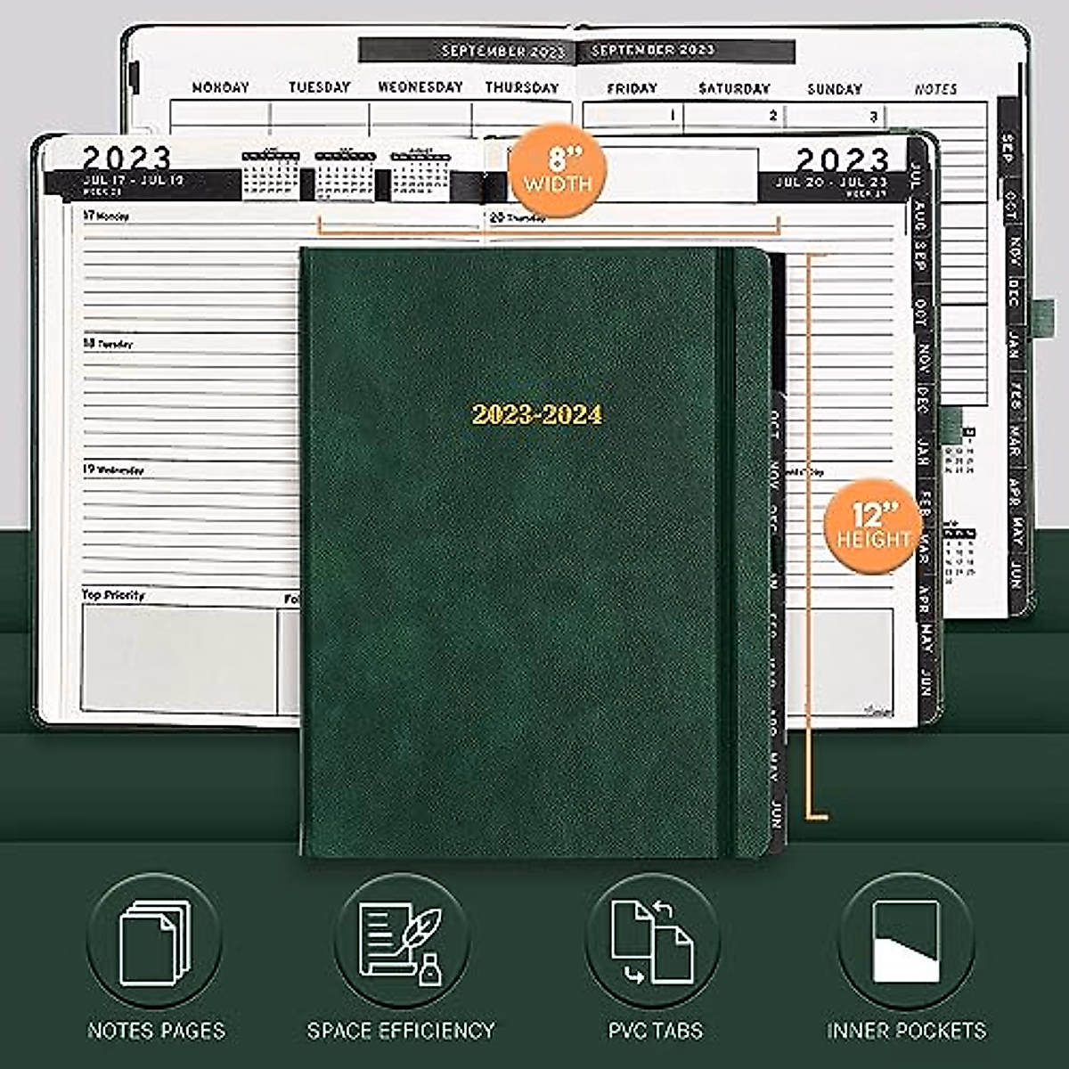 HARDCOVER Daily Leather Planner Weekly Monthly - 8.5x11 - Ensight Academic Planner Business Personal or Student - Pen Holder, Bookmark, Notes Pages, Thick Paper, July 2023 - June 2024 (Green)