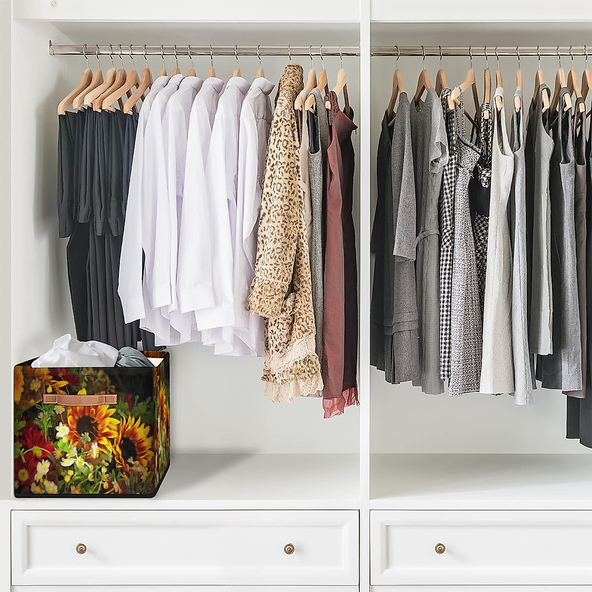 AUUXVA Storage Cube Bin Sunflower Floral Art Painting Large Storage Cube Basket 13×13In, Collapsible Storage Bin With Handles, Fabric Storage Box For Closet Shelves Nursery Toys Home Organization