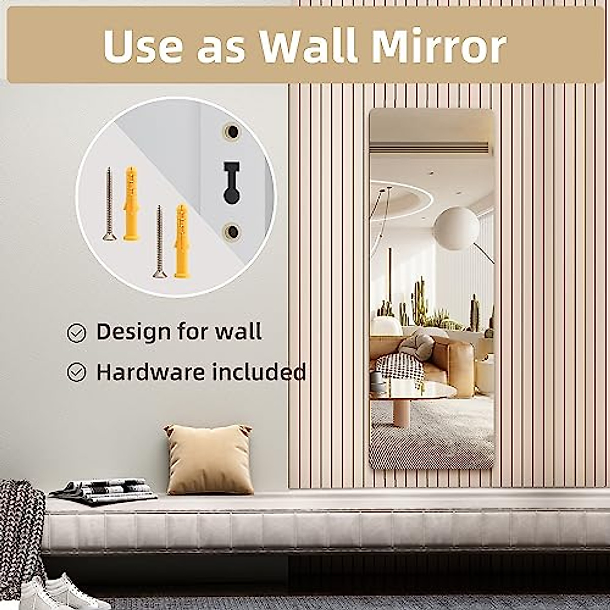 Hasipu Full Length Mirror Wall Mounted, 47"x 16" Door Mirror, Over The Door Mirror, Full Body Mirror, Hanging Mirror Round White