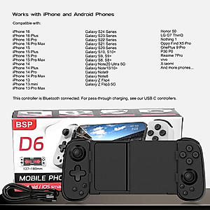 Joso Phone Controller for iPhone/Android/PC, D6 Wireless Game Controller for Switch/PS3/PS4 with Hall Joystick/Turbo/6-Axis Gyro/Dual Motor, iOS Android Controller Support Cloud Gaming/Remote Play