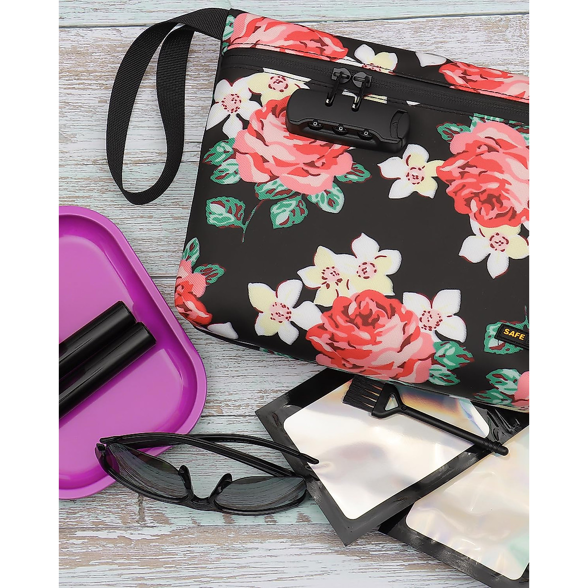 SafeDeluxe Smell Proof Bag with Combination Lock 11.5'' x 8.6'' Odor Proof Container Carbon Lining Smoking Tobacco Pipe Pouch, Odorless Durable Medicine Organizer Cases (Flower)