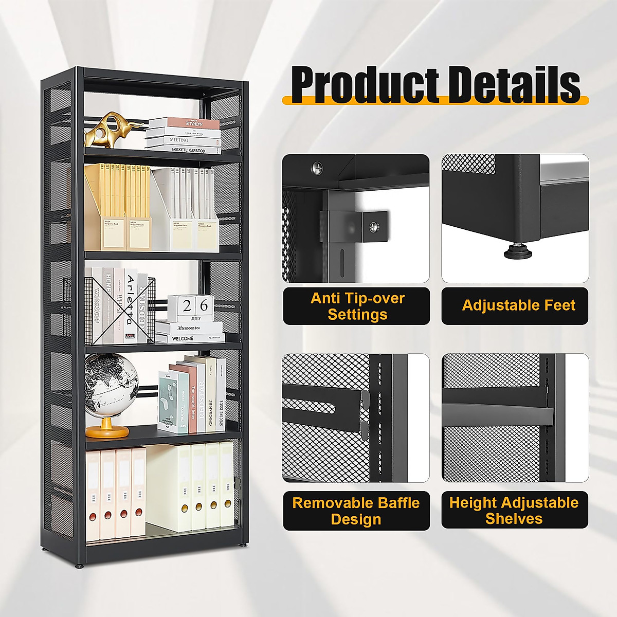 5 Tiers Bookshelf Tall Bookcase Shelf Storage Organizer Book Rack Utility Shelf Metal Shelf Adjustable Garage Shelving Organizer Rack for Kitchen Laundry Garage Bathroom Pantry Office 68" H*28"W*13"D