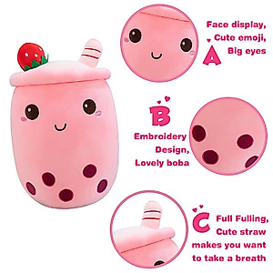 Ditucu Cute Boba Tea Plush Stuffed Bubble Tea Plushie Cartoon Soft Strawberry Milk Tea Cup Pillow Home Hugging Gift for Kids Pink 9.4 inch