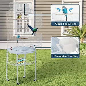 Bird Cages for Parakeets Cockatiels Lovebirds Macaw Conure, Large 64 Inch Open Top Parakeet Cage with Stand & Storage Shelf, White Wrought Iron Flight Pet House