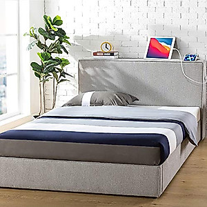 ZINUS Finley Upholstered Platform Bed Frame with Headboard Shelf / USB Ports Included / Wood Slat Support / No Box Spring Needed / Easy Assembly, Queen