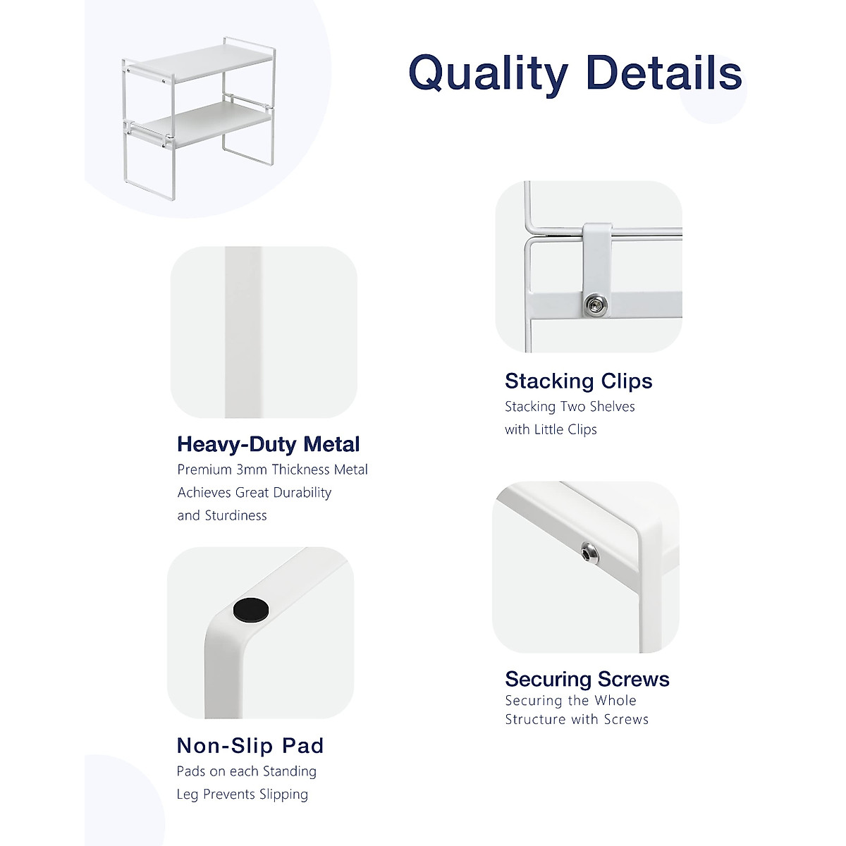 Nxconsu 2Pack Cabinet Shelves Stackable Shelf Organizer Rack Riser for Kitchen Cabinet Pantry Cupboard Counter Countertop Home Organization Storage Space Saver Heavy Duty Metal Nonslip White