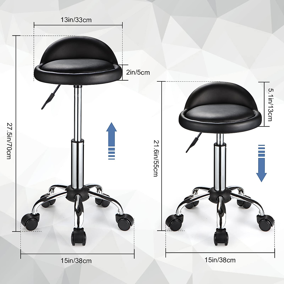 FNZIR Swivel Rolling Stool with Wheels Height Adjustable Stool Drafting Chair with Low Back Black