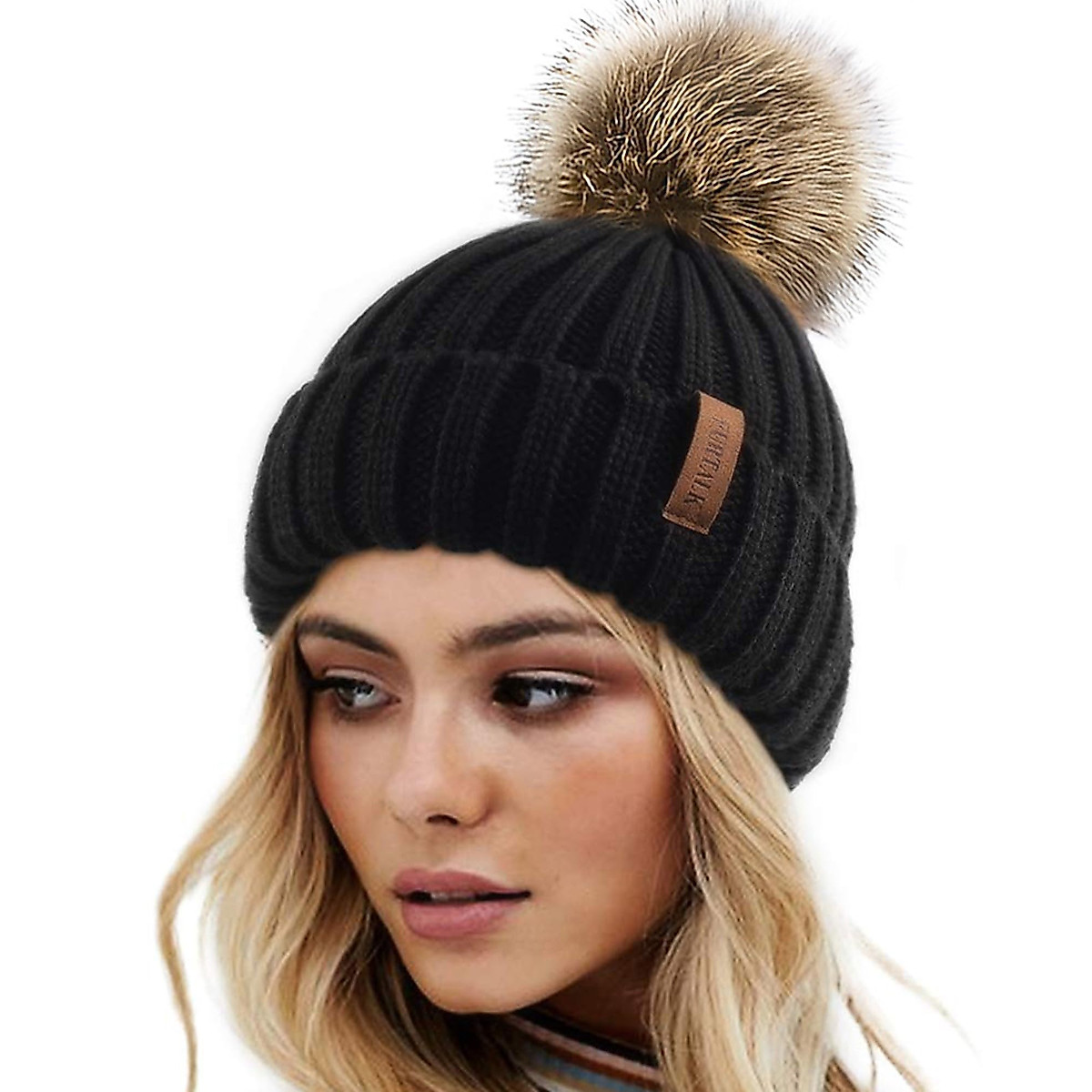 FURTALK Womens Winter Knitted Beanie Hat with Faux Fur Pom Warm Knit Skull Cap Beanie for Women