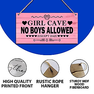 Pink Little Girl Cave Hanging Wooden Sign No Boys Allowed (Еxcept Dad) Quote Plaque Hanging Wall Art Decor for Nursery Kids Toddler Girls Bedroom Playroom Living Room Decorations 12''X 6'' (J690)