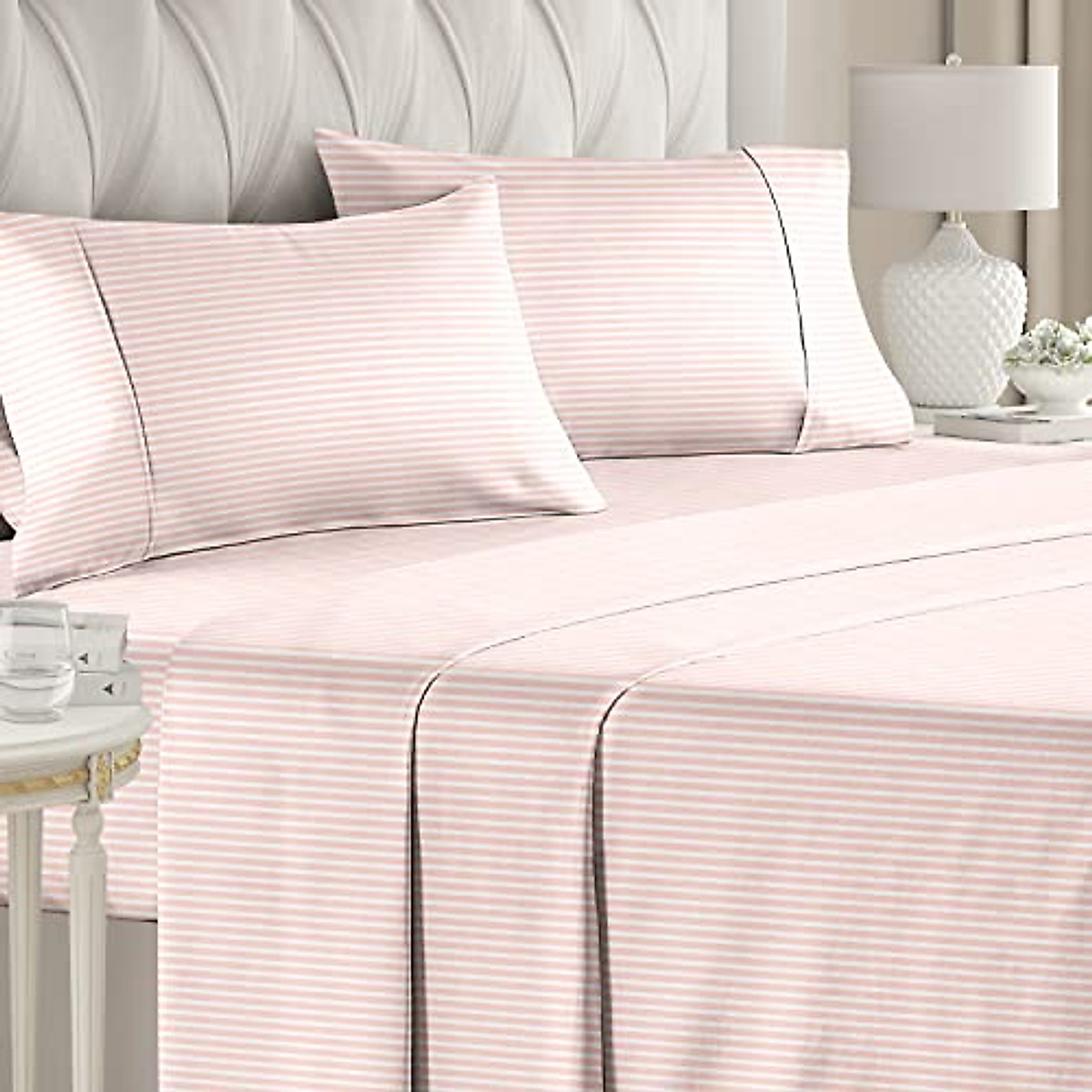 Striped Bed Sheets - Pin Stripe Sheets - Blush Pink Sheets - Pink & White Stripe Sheets - Queen Striped Sheets - Hotel Luxury Bed Sheets - Deep Pockets - Easy Fit - Breathable & Cooling Sheets