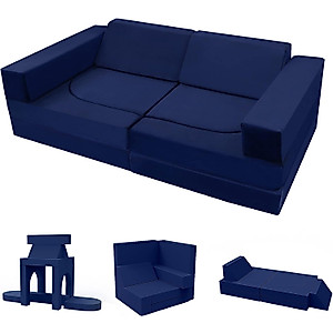 MeMoreCool Modular Kids Play Couch, 10 Piece Foam Lounge Sofa for Playroom, Large Toddler Bed and Block Couch for Boys, Navy