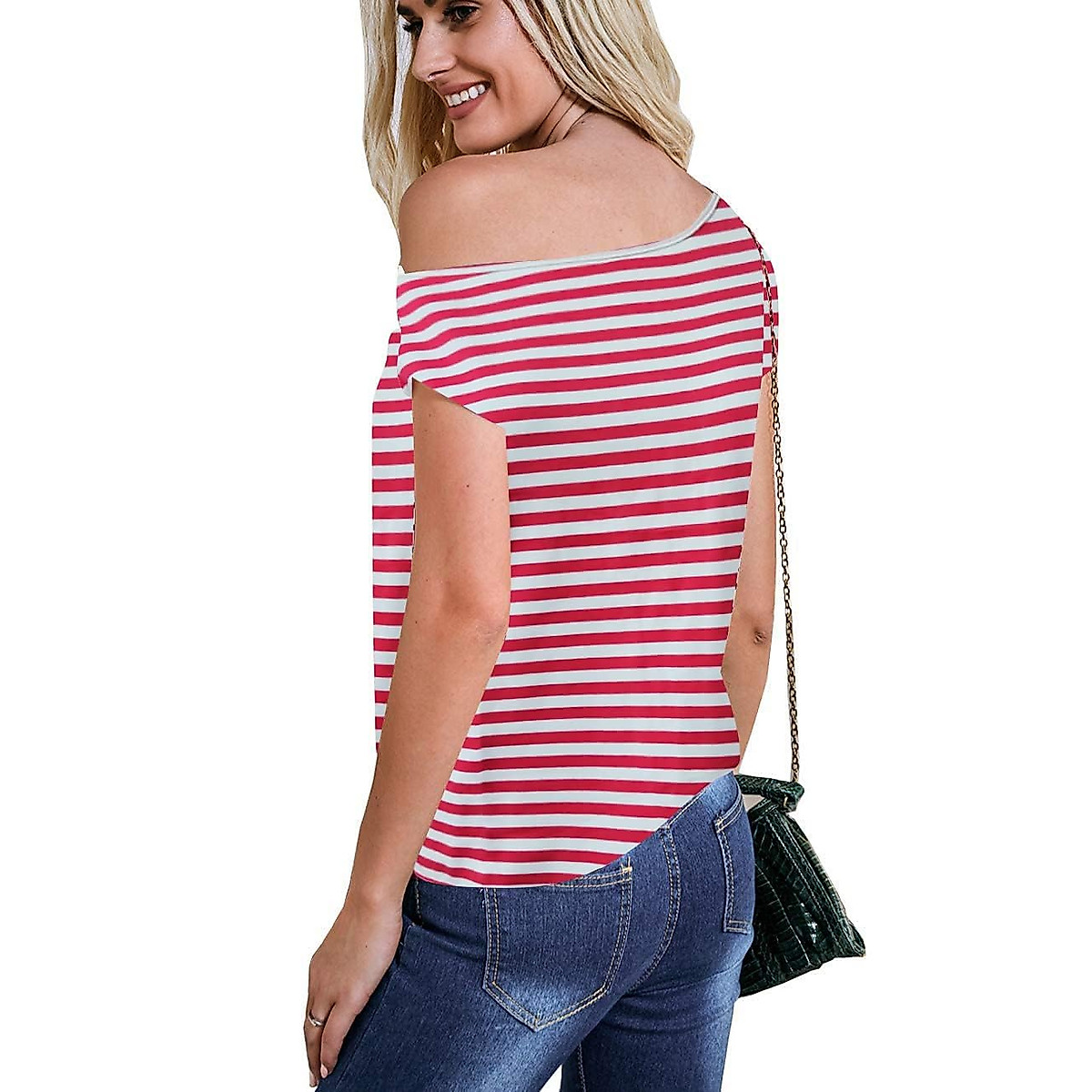 LilyCoco Women's Off The Shoulder Tops Short Sleeve One Shoulder Striped Shirt Red White Striped Small