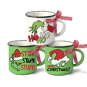 Paayna Merry Christmas Mini Coffee Mug Set of 3, Xmas Stink Stank Stunk Santa Hat Green 5 oz Mini Coffee Cups Tiered Tray Decor, Hohoho Funny Holiday Kitchen Coffee Bar Decorations Housewarming Gift