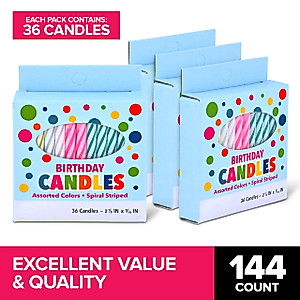 144 Count Birthday Candles, Multi-Color Spiral Candles Bulk Pack, Birthday Candles for Cake and Cupcakes, Candles for Birthday Parties, Holidays, and More! Green, Pink, White, Yellow & Blue