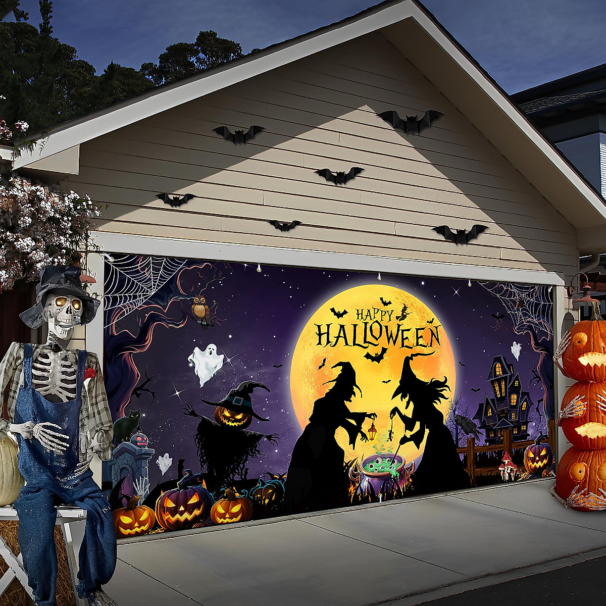 Large Halloween Garage Door Cover Garage Door Decoration Backdrop Party Background Wall Banner for Outdoor Halloween Themed Party Decoration 6 x 13 Ft (Backdrop-01)
