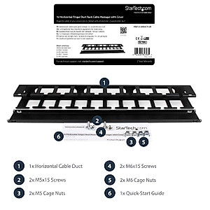 StarTech.com Horizontal 1U Server Rack Cable Management Finger Duct w/ Cover - 19" Network Rack Wire Duct Raceway Panel - Slotted Wire Duct (CMDUCT1UX)