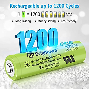 Brightown 12-Pack Rechargeable AA Batteries, 2400mAh High Capacity Precharged NiMH Double A Rechargeable Batteries for Solar Lights Household Devices, Recharge up to 1200 Cycles, UL Certified, 1.2V