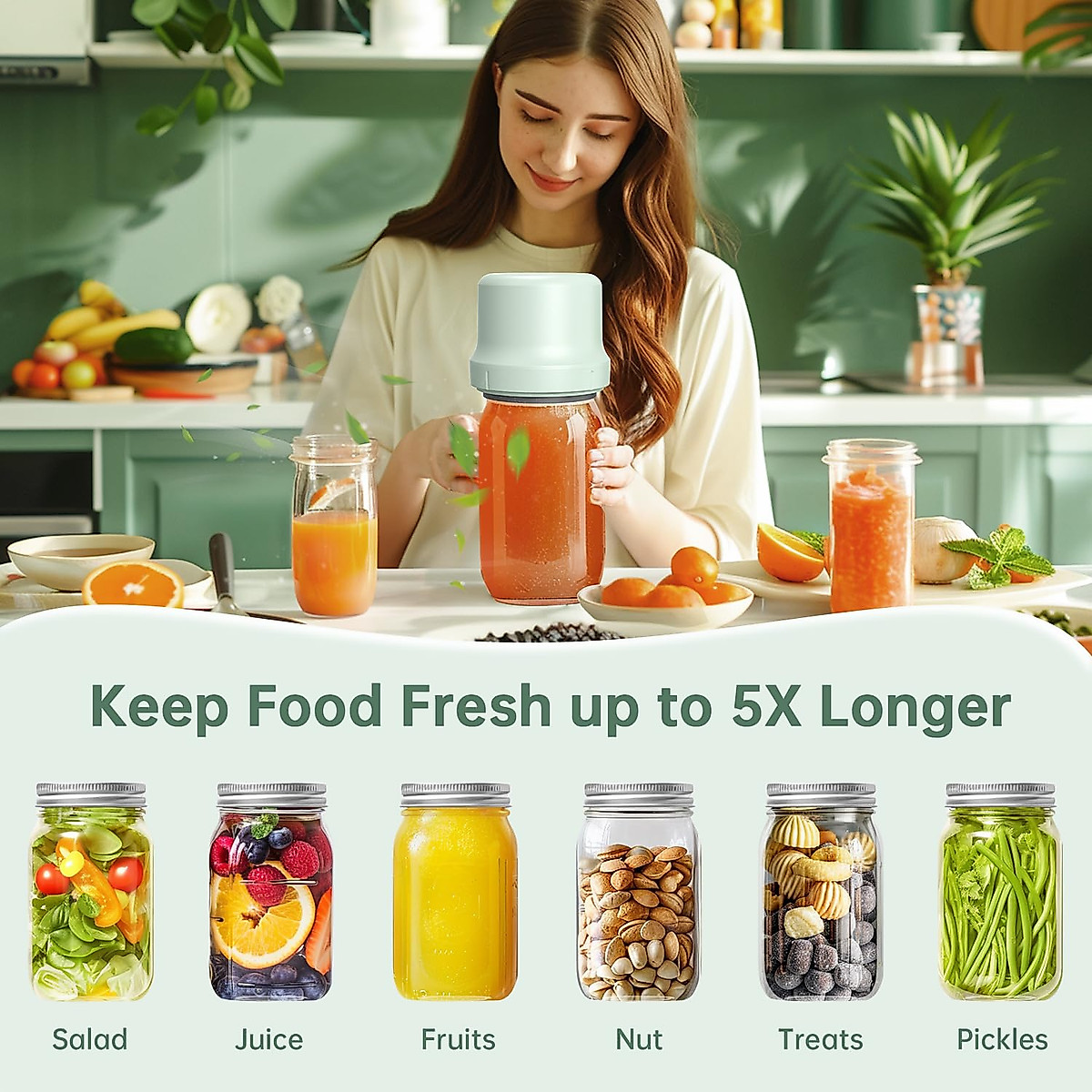 Electric Mason Jar Vacuum Sealer, Upgraded Smart Integrated Design Vacuum Sealer Kit, Auto Stop 1800mAh Rechargeable Vacuum Sealer with Regular and Wide Mouth Mason Jar Lids for Food Storage