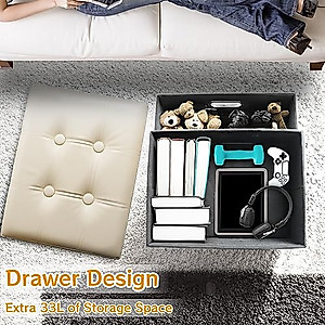 VewePata Folding Storage Ottoman with Drawers, 17 inch, Beige, Leather