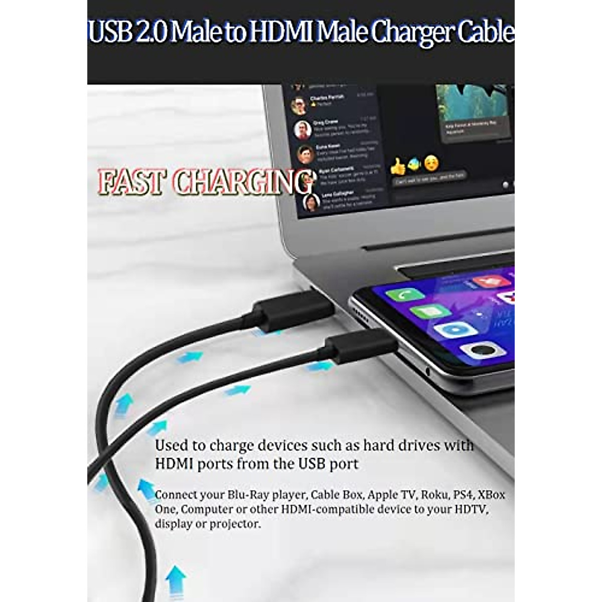 USB to HDMI Cord Cable, fenoero Hdmi USB Converter Cable Adapter USB 2.0 Male to HDMI Male Charger Cable Adapter, 1M / 3.3FT