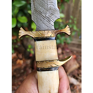 Vainsta Fixed Blade Knife with Sheath 15 Inch Handmade Custom Damascus Hunting Knife, Hand Forged Classic Bowie Knife with Camel Bone Handle for Firm Grip, white