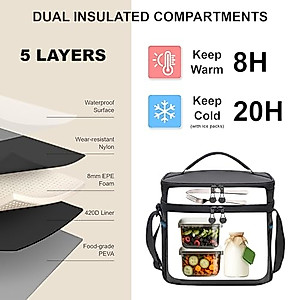 EVERFUN Insulated Lunch Bag Soft Lunch Box for Men Dual Compartments Small Lunch Box Collapsible Waterproof Leak-Proof for Work, Black
