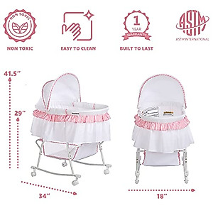 Dream On Me Lacy Portable 2-in-1 Bassinet & Cradle in Pink and White, Lightweight Baby Bassinet with Storage Basket, Adjustable and Removable Canopy