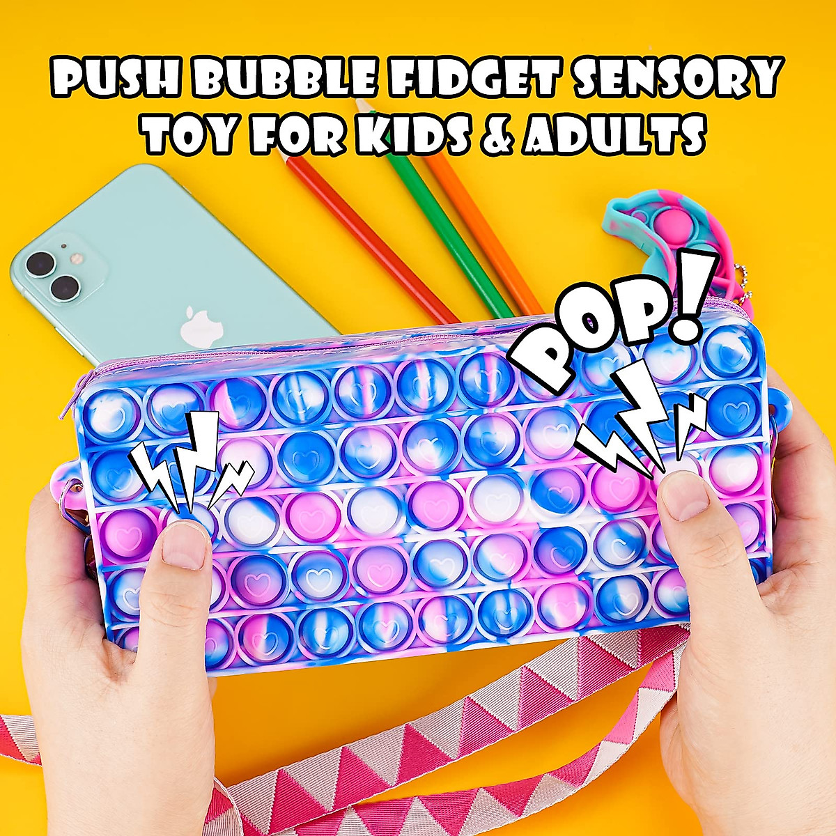 NiToy Push Pop Bubble Purse Fidget Sensory Toy+Dolphin Pop Keychain for Girls, Multicolor Popper Crossbody Shoulder Zipper Handbag Adjustable Belt Cosmetic Travel Case Storage