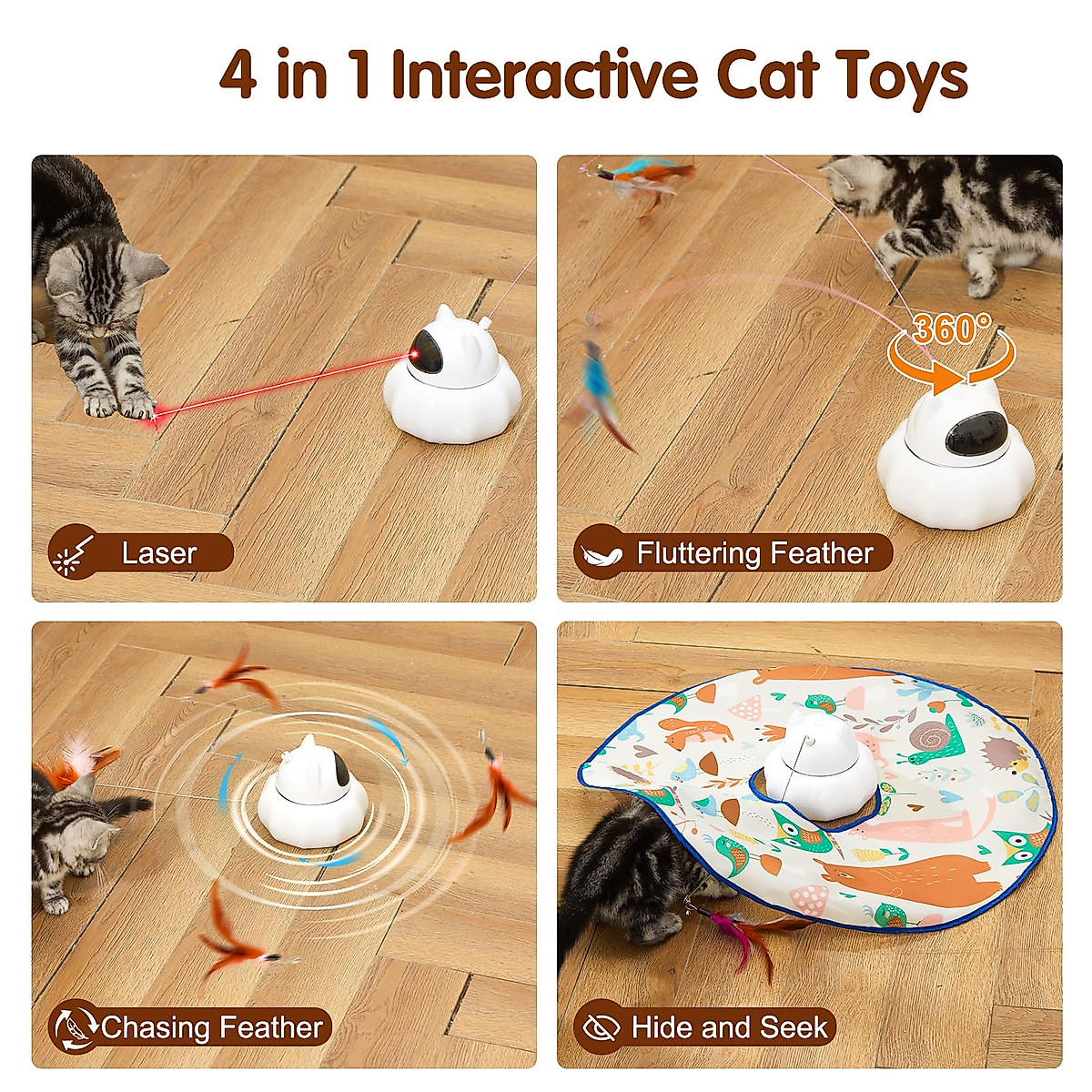 VIWIK 4 in 1 Cat Laser Toy Automatic, Interactive Cat Toys for Indoor Cats, Hide and Seek Kitten Wand Toy, USB Rechargeable Electronic Toys with Moving Feather, Cover for Bored Cats All Breeds
