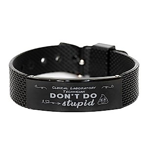 GIFTVILLE & SURPRISE Black Stainless Steel Bracelet, Don't Do Stupid, Engraved Gifts for Clinical Laboratory Technician Adjustable Link Bracelet