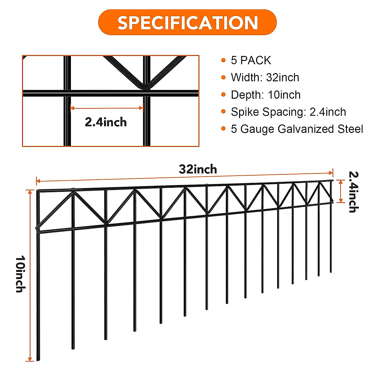 Elecoman 5PACK 32 * 10in No Dig Animal Barrier Fence,Underground Decorative Garden Fencing/Fence,5mm Galvanized Steel Garden Fence Border,Dog Rabbits Ground Stakes for Outdoor Garden Yard Patio