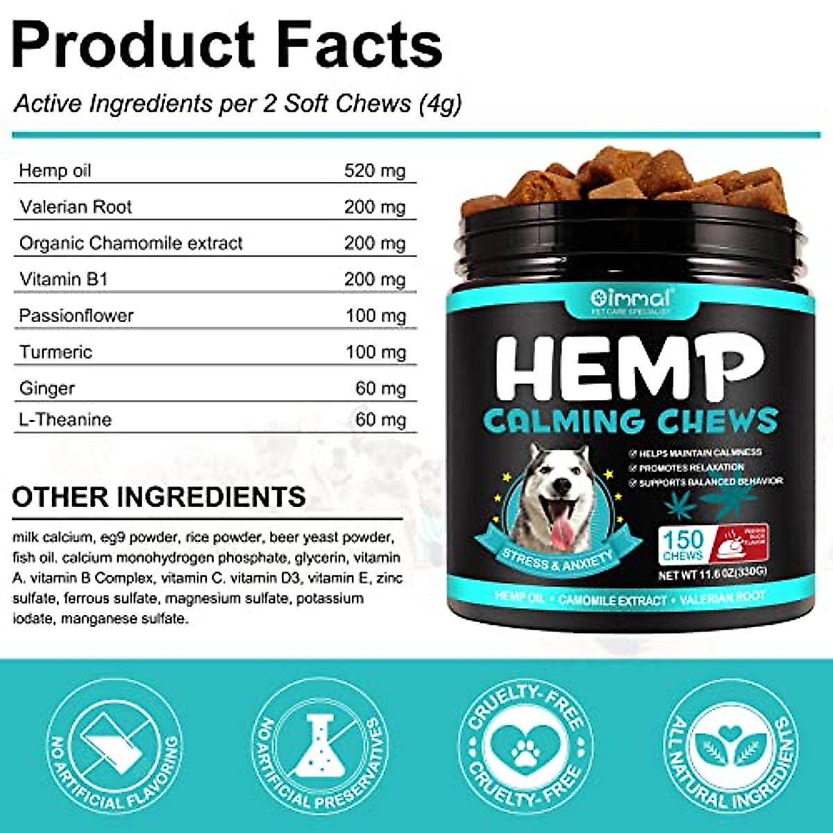 CAPTBDZW Calming Chews for Dogs, Dog Calming Chews - Anxiety Relief Treats, Pet Naturals Calming Chews, Helps with Dog Anxiety, Separation, Barking, Stress Relief, with Valerian Root and Hemp Oil.