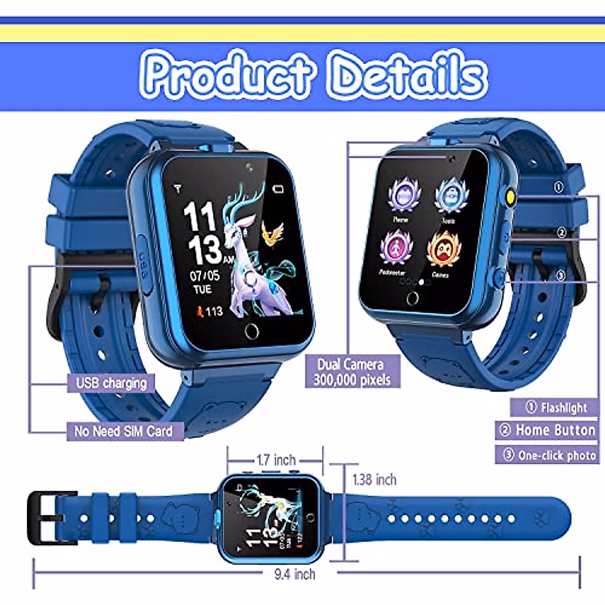 clleylise Kids Smart Watch Boys Girls,Smart Watch for Kids with 24 Games Alarm Clock Pedometer Music,Hd Camera Multifunction Touch Screen,Educational Gifts for Kids 3-14 Years Old