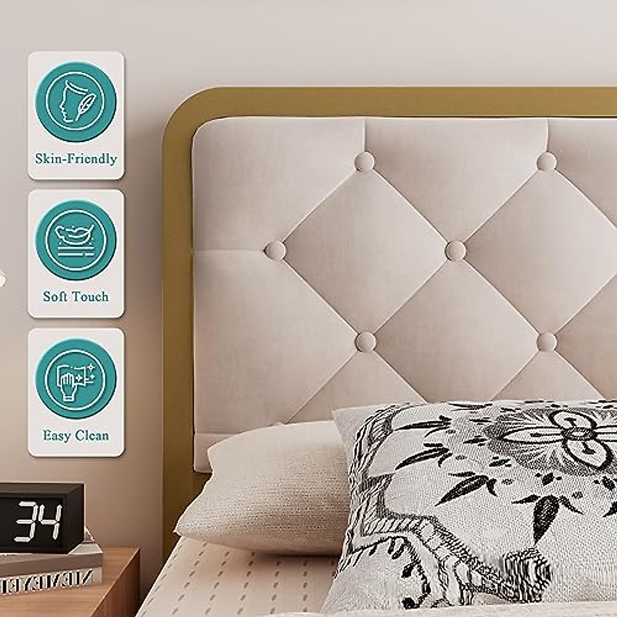 iPormis Twin Size Metal Bed Frame with Velvet Button Tufted Headboard, Curved Platform Frame, Thicker Steel Slats Support, 12'' Under-Bed Space, Noise-Free, Easy Assembly, Gold & Beige