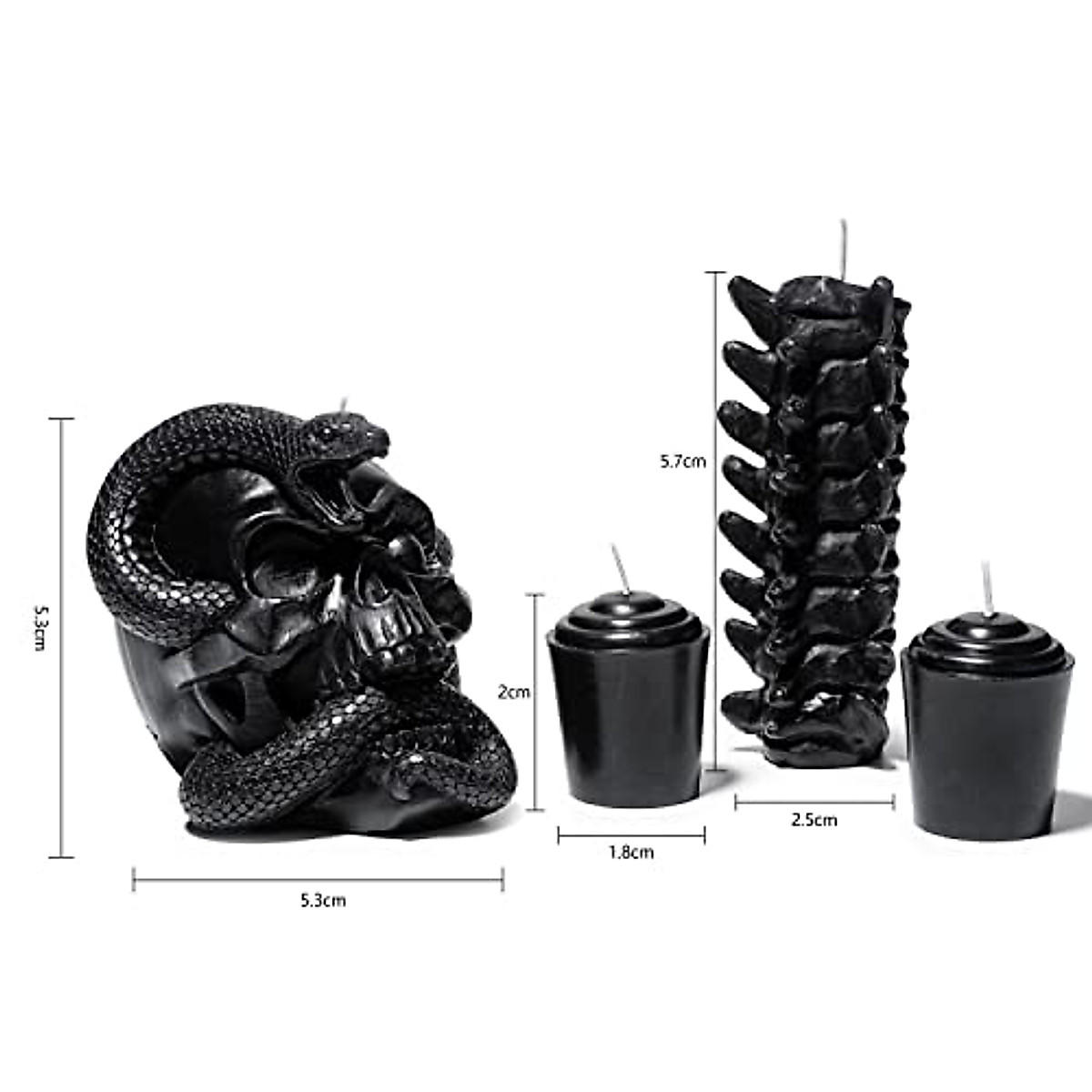Skull Candles 4 Pack - Skeleton Snake, Spine & Black Bones Candle, Skulls Candle, Magic Skulls Candlestick Spooky Gothic Emo Decor, Home & Bar Decoration - Large Creepy Satanic - by Gute