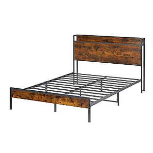 Full Size Bed Frame with Headboard and Storage Shelf, Metal Bed Frame with Charging Station(USB Port, Outlets), No Box Spring Needed, Noise Free, Full Bed Frame Rustic Brown (Rustic Brown, Full)