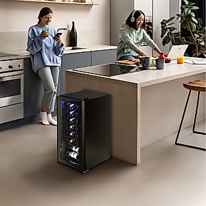 Yeego Wine Fridge, 46 Bottles Wine Cooler Refrigerator, 38-65℉ Freestanding Mini Fridge with Digital Temperature Control & Double-layer Glass Door & Blue Ambient Lights for Home, Kitchen, Office, Dorm