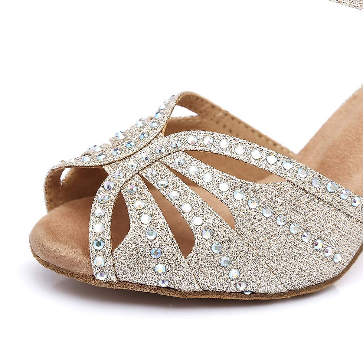 ROGMUJEN Women Latin Ballroom Practice Perfermence Rhinestones Dance Shoes Tango Salsa Party Dress Pump Dance Shoes,Champagne,7US,Ml375