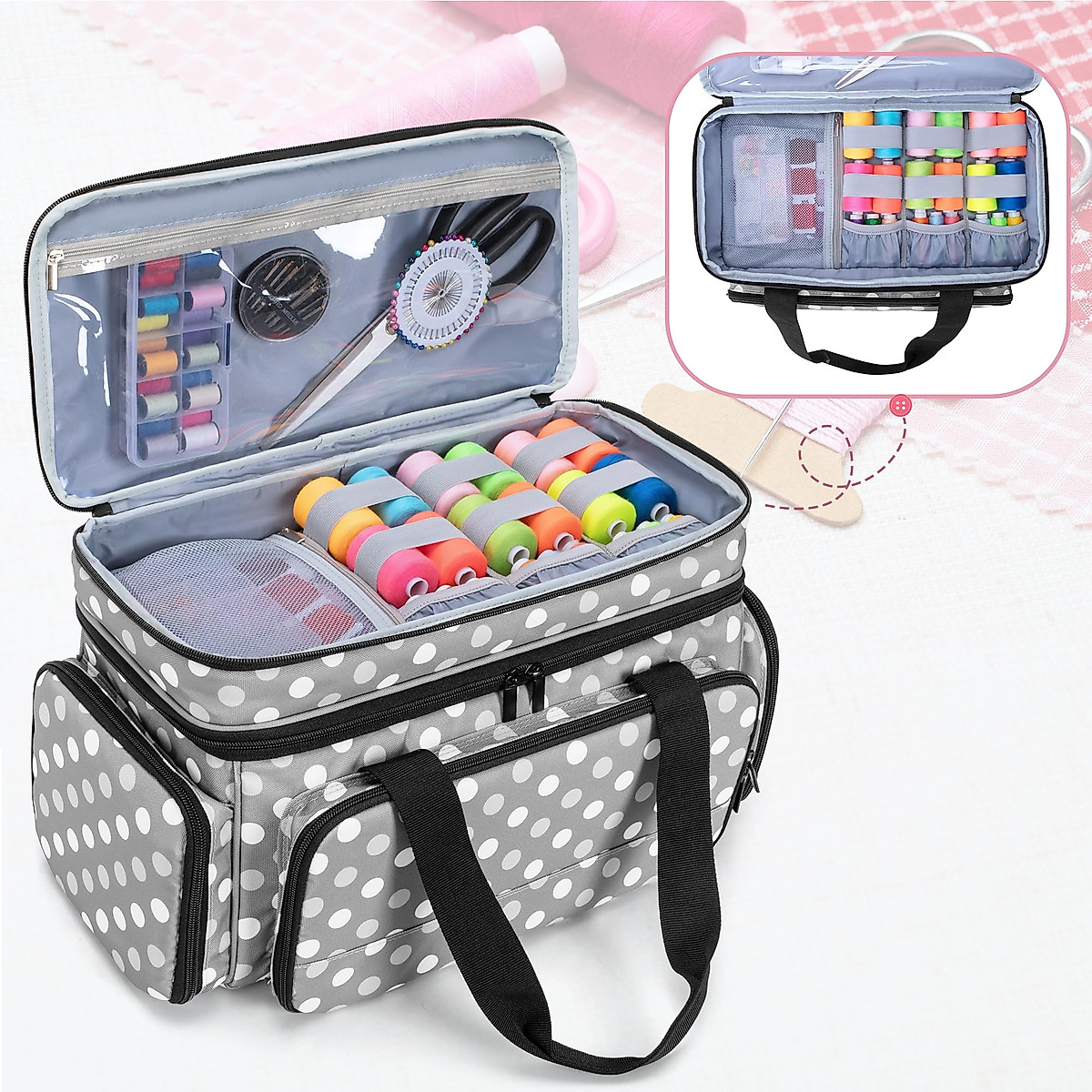 LUXJA Large 2 Layers Sewing Organizer Bag with 5 Detachable Dividers, Sewing Storage Bag for Sewing Supplies, Polka Dots