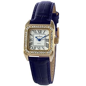 Peugeot Women's 14K Gold-Plated Tank Crystal Bezel Roman Numeral Blue Leather Band Watch 3052BL