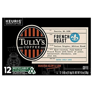 Tully's Coffee French Roast Keurig Single-Serve K-Cup Pods, Extra Bold Dark , 12 Count