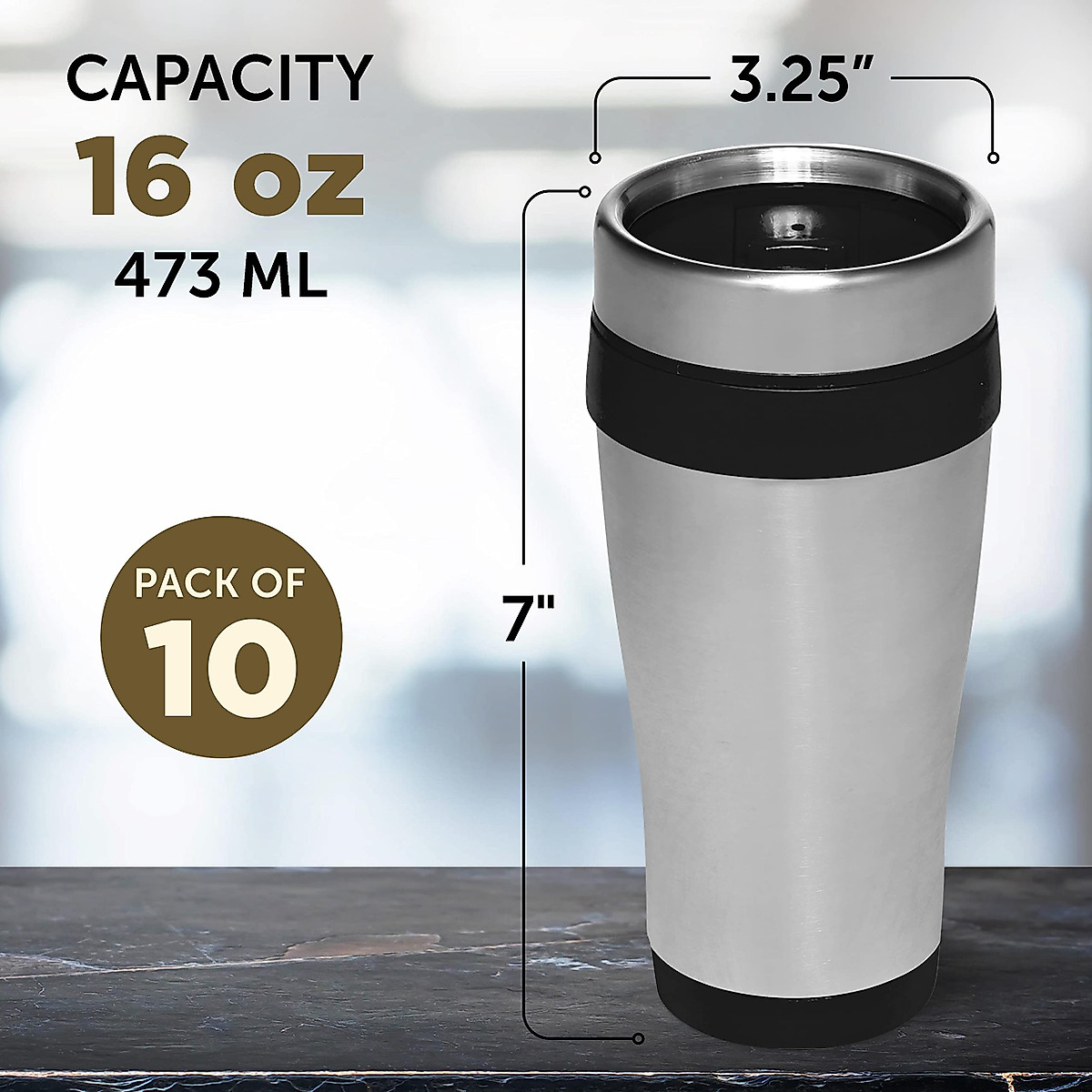 DISCOUNT PROMOS Insulated Stainless Steel Travel Mugs 16 oz. Set of 10, Bulk Pack - Perfect for Coffee, Soda, Other Hot & Cold Beverages - Black