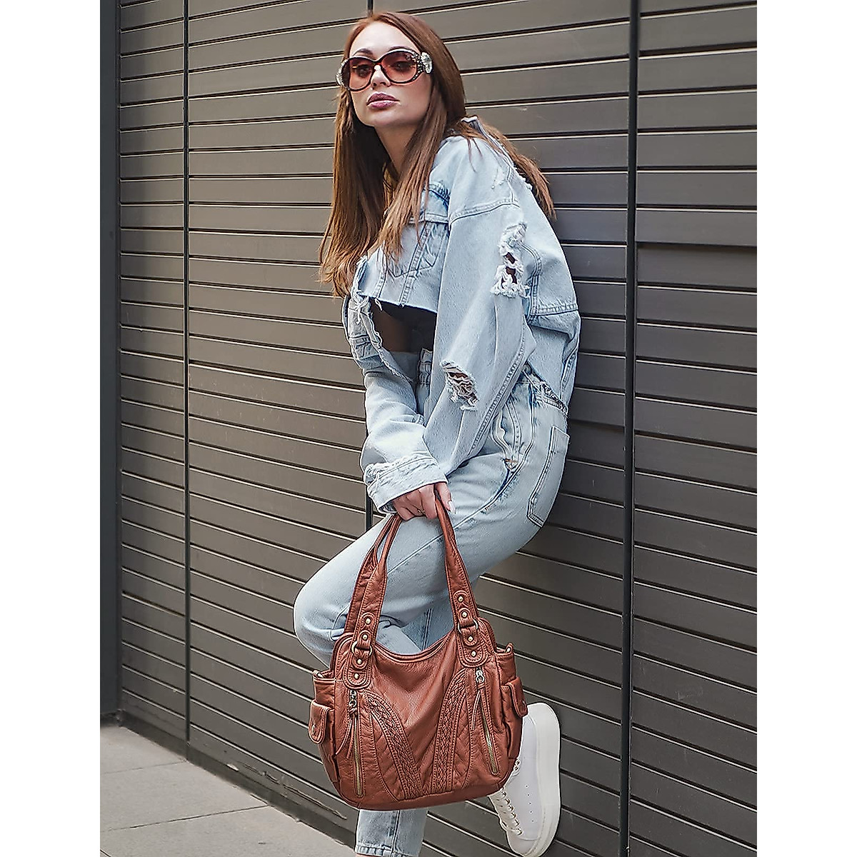 Montana West Shoulder Bag For Women Washed Leather Crossbody Purses Handbags Tote Satchel Bags Brown MWC-019BR