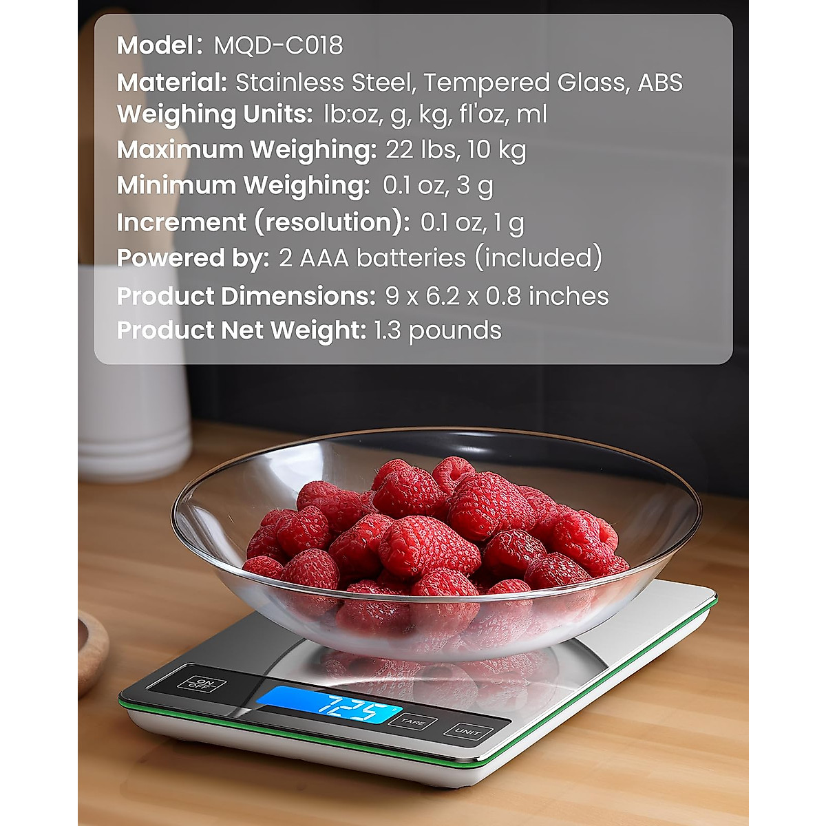 Nicewell Food Scale, 22lb Digital Kitchen Scale Weight Grams and oz for Cooking Baking, 1g/0.1oz Precise Graduation, Stainless Steel and Tempered Glass