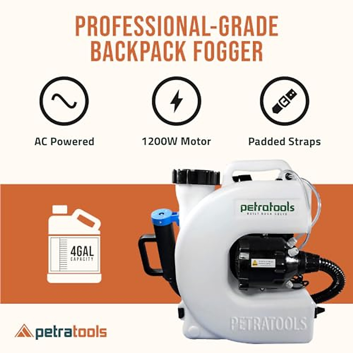 PetraTools Electric Fogger Machine, Mosquito Fogger Machine, Insect Fogger Backpack Sprayer - ULV Fogger with Extended Commercial Hose & Padded Straps (4 Gallon)