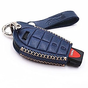 MJKEYAuto Leather 3 Buttons Key Fob Cover Case for Dodge Ram Chrysler 300 Town Country Jeep Challenger Charger Grand Caravan (Blue)