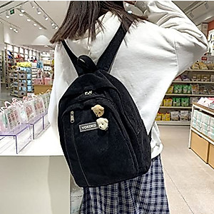 MBVBN Stripe Cute Corduroy Backpack Student Shoulder Bag with 3D Bear Pendant (Black) Medium