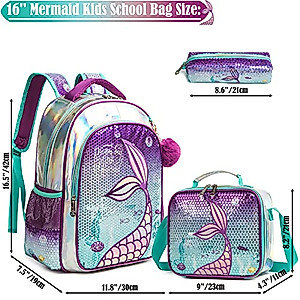 Egchescebo Girls Mermaid backpack School Bookbag for Girls Kids Bling School Elementary Backpacks for Girls 16" 3PCS Black Backpack with Lunch Box Set Purple